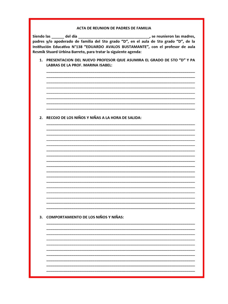 Acta de Reunión de Padres 5to Grado D | PDF | Negocios