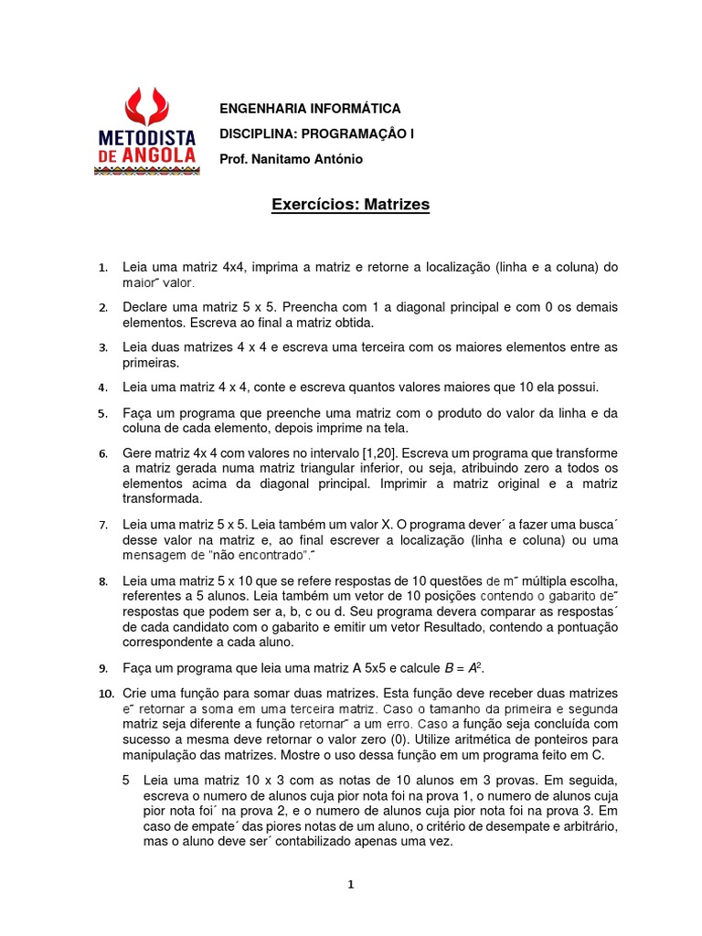 Prog Lista Exerc Matrizes 2022-2023 | PDF