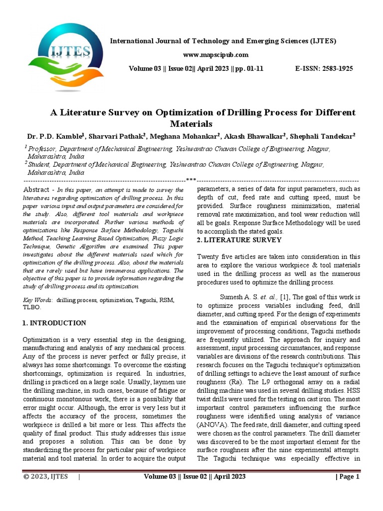 A Literature Survey On Optimization of Drilling Process For Different Materials | Download Free ...