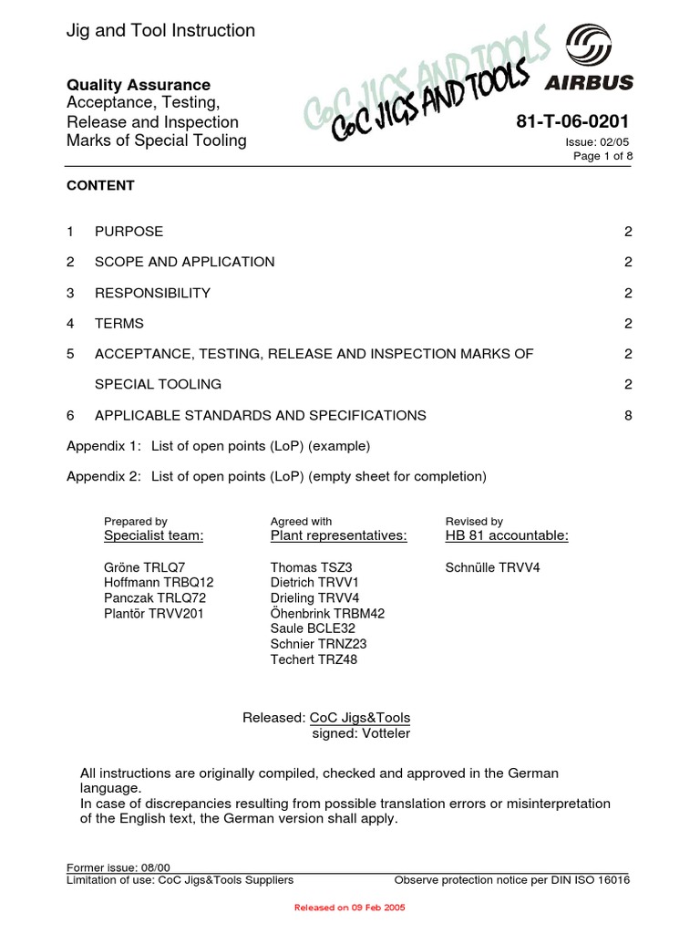 Jig and Tool Instruction: Acceptance, Testing, Release and Inspection ...