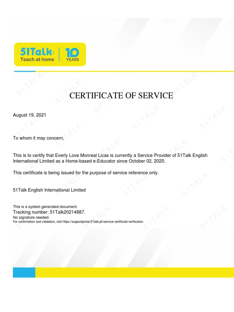 51Talk Certificate of Service | PDF