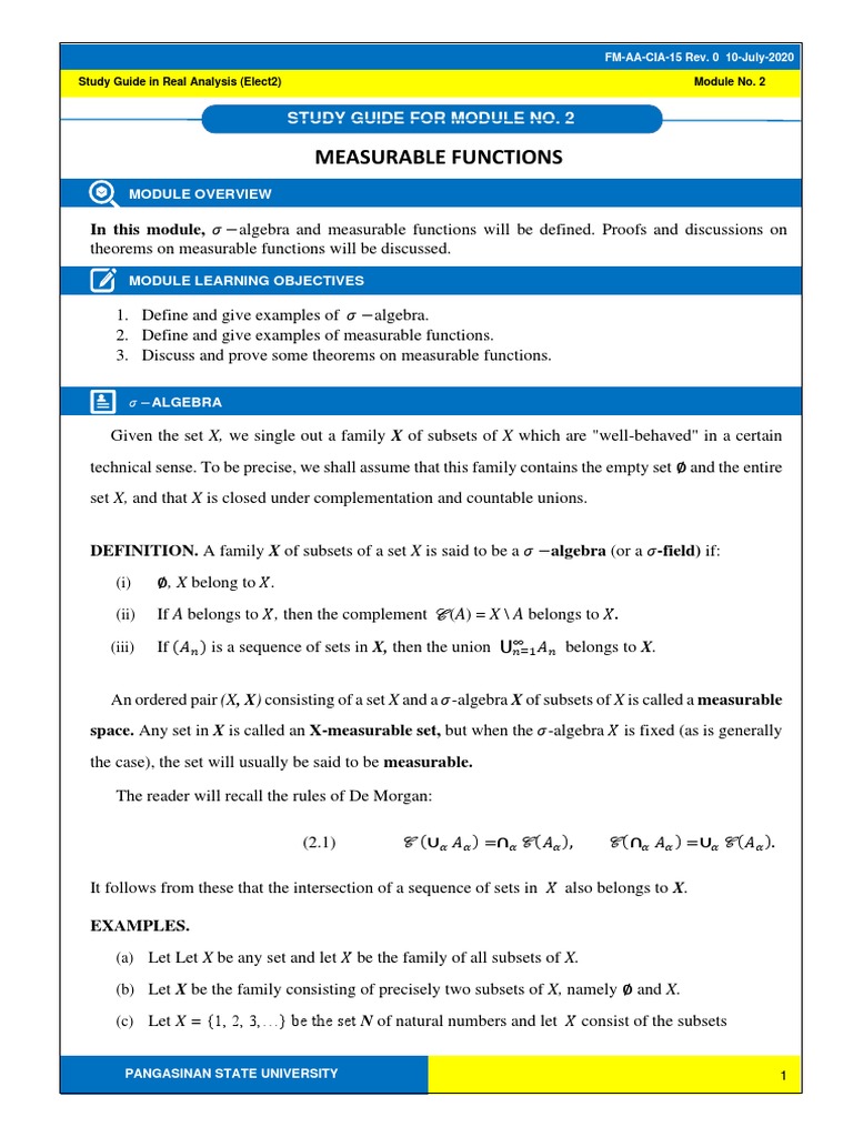 Study Guide - Real Analysis - Chapter 2 (Measurable Functions) | PDF | Set (Mathematics ...
