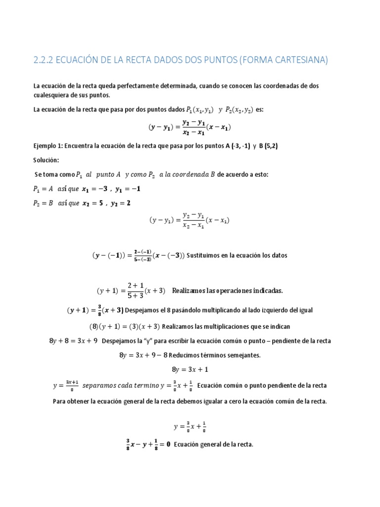 Ecuación de La Recta Dados Dos Puntos | PDF | Entero | Ecuaciones