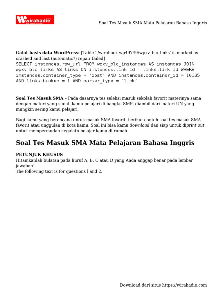 Soal Tes Masuk SMA Mata Pelajaran Bahasa Inggris | PDF Soal Tes Masuk SMA Mata Pelajaran Bahasa Inggris | PDF