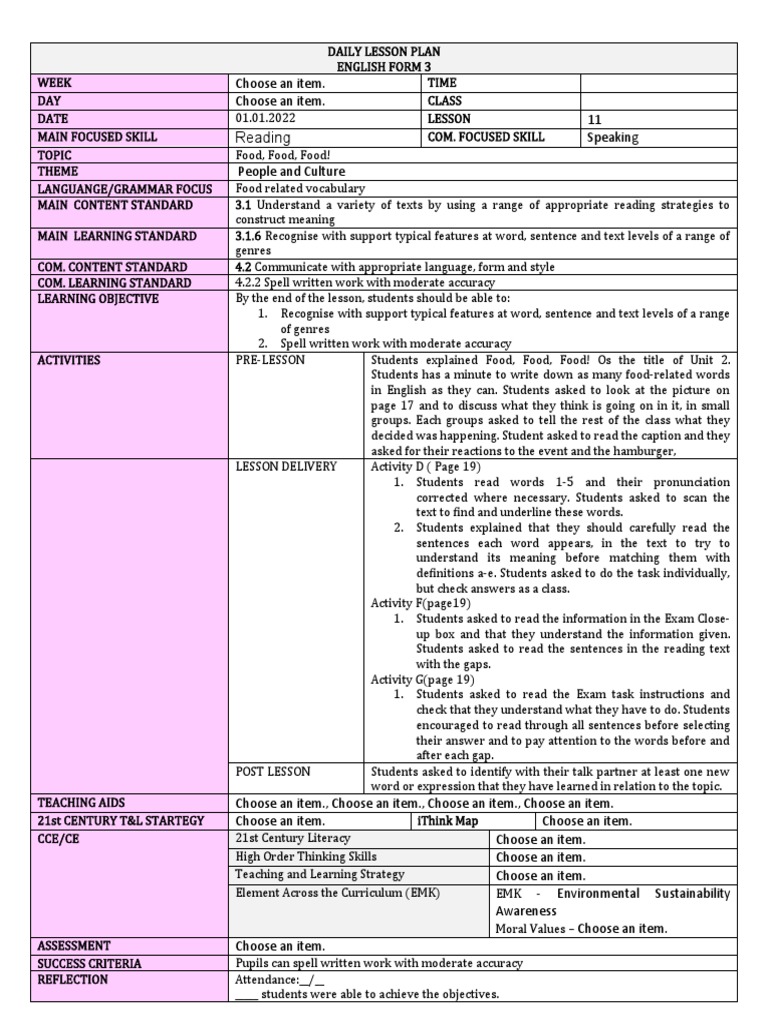 Unit 2 Food, Food, Food! | PDF | Lesson Plan | Curriculum