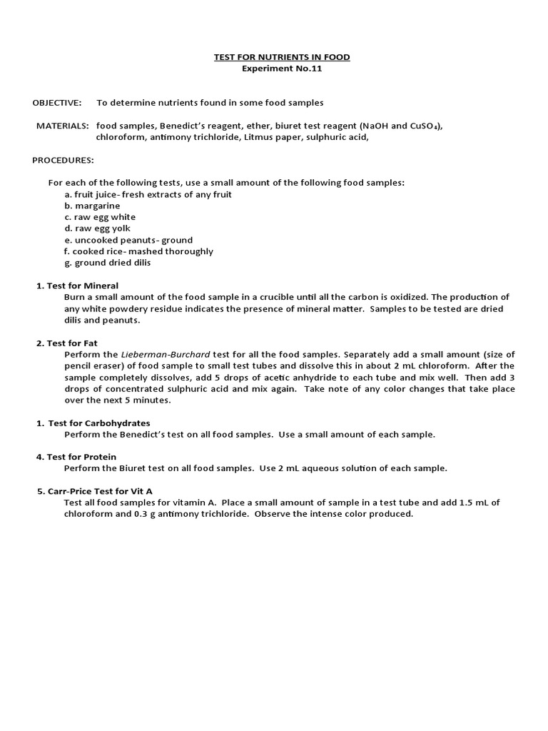 Test For Nutrients in Food | PDF | Sodium Bicarbonate | Acid