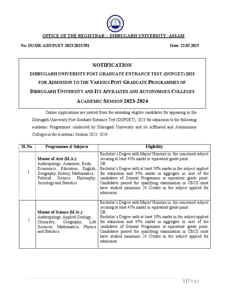 DUPGET 2023 Admission Notification | PDF | Academic Degree | University ...