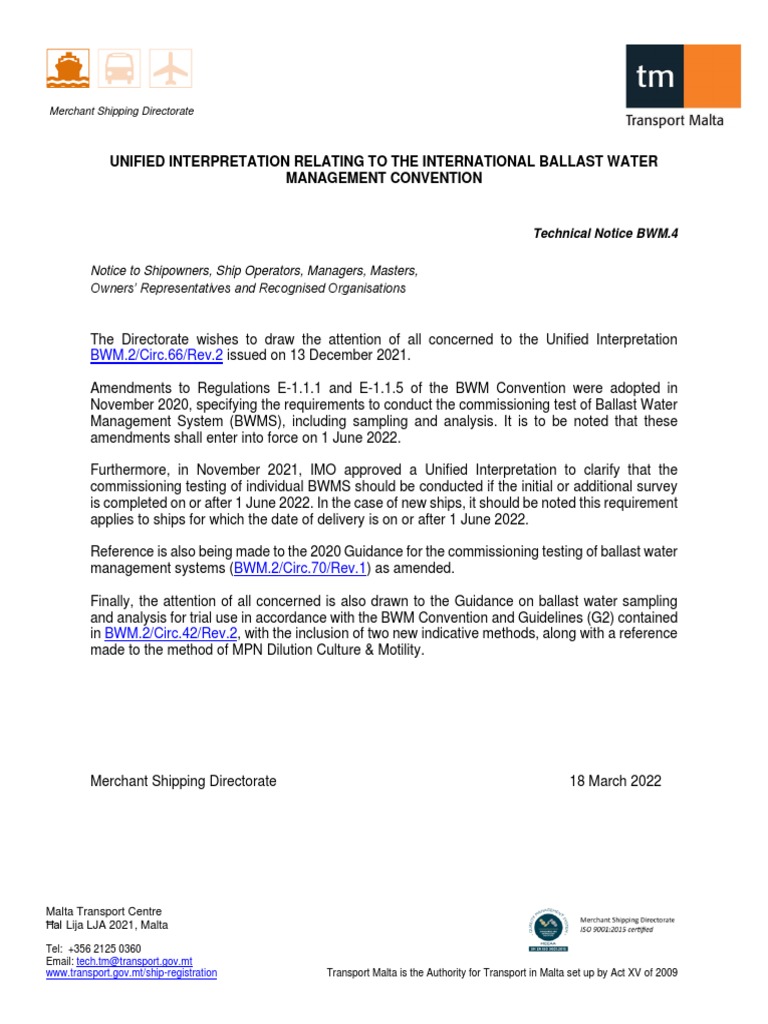 Technical Notice BWM.4 - Unified Interpretation Relating To The International Ballast Water ...
