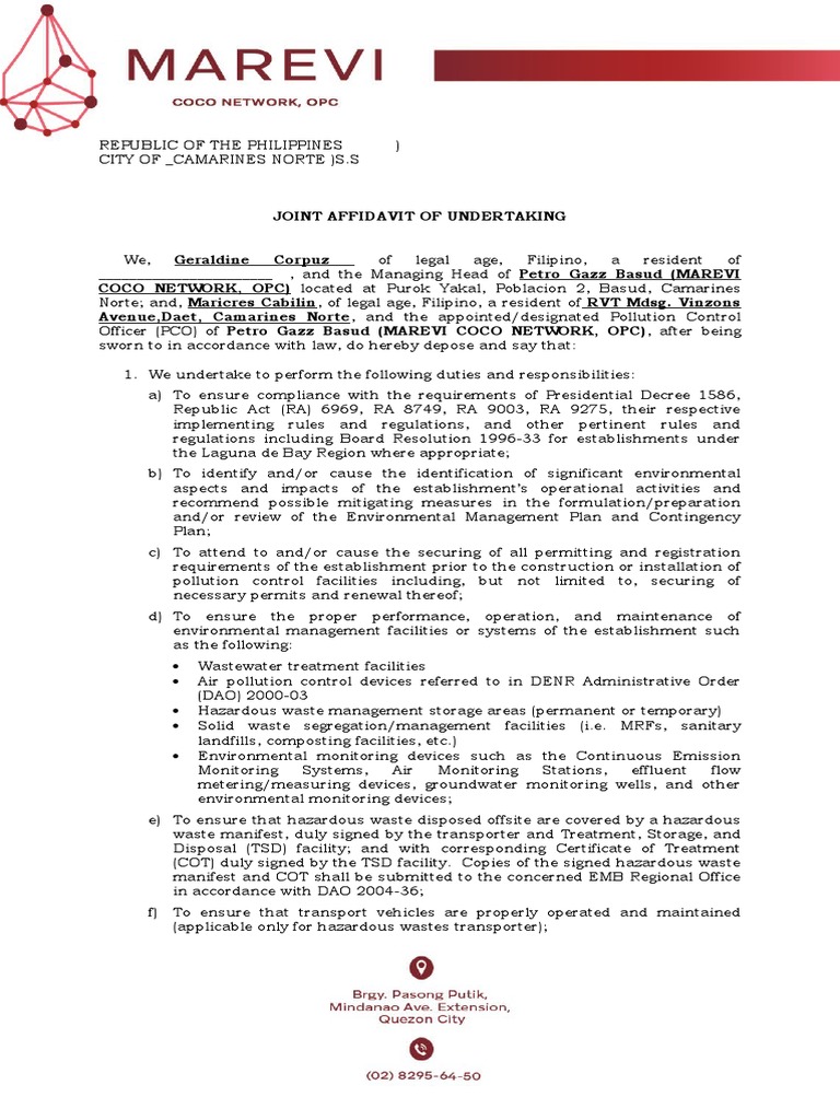 A. Affidavit of Undertaking | PDF | Waste | Hazardous Waste