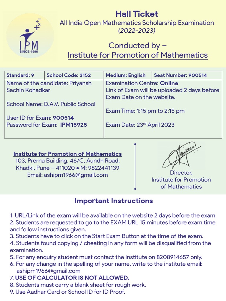 Conducted by - Institute For Promotion of Mathematics: Hall Ticket | PDF