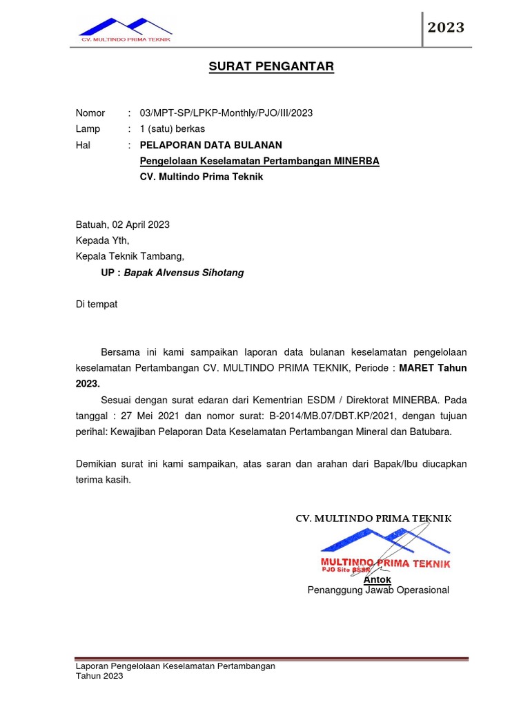 MPT - Surat Pengantar Laporan Keselamatan Pertambangan-MARET 2023 | PDF
