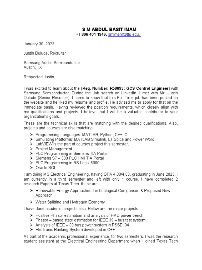 Cover Letter Abdul Basit Samsung | PDF | Computing