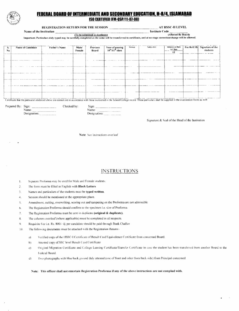 Proforma of Registratrion HSSC Level | PDF