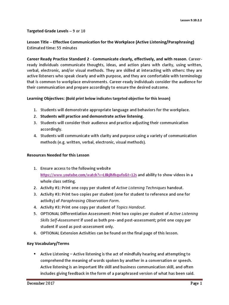 9.10.2.2 Lesson Plan Active Listening | PDF | Communication | Learning