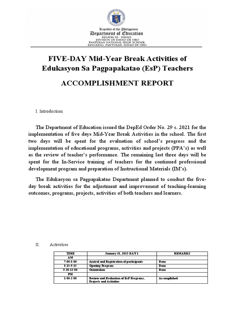 Mid-Year Break Activities Report for EsP Teachers | PDF | Communication