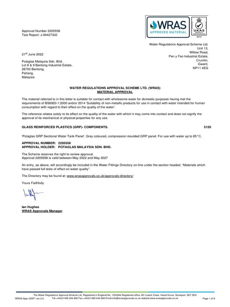 WRAS Approval for Potaglas GRP Panels | PDF | Tort | Legal Liability