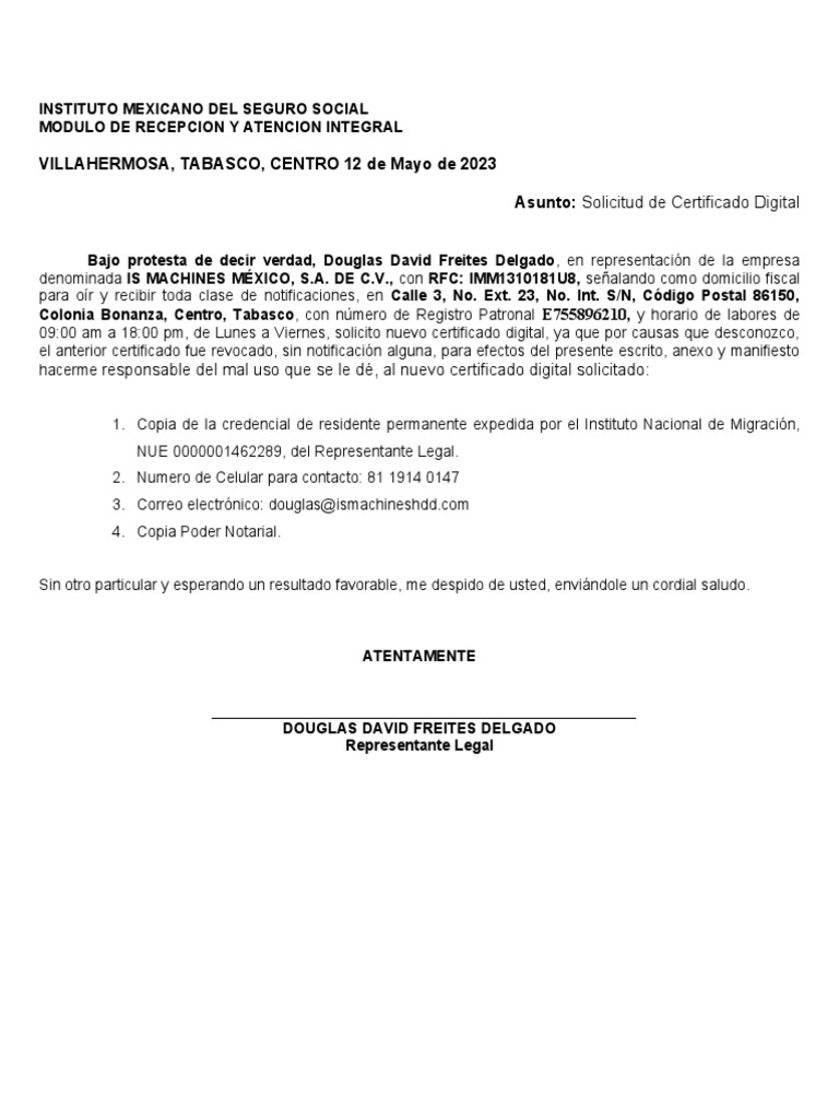 Solicitud de Certificado Digital IMSS | PDF