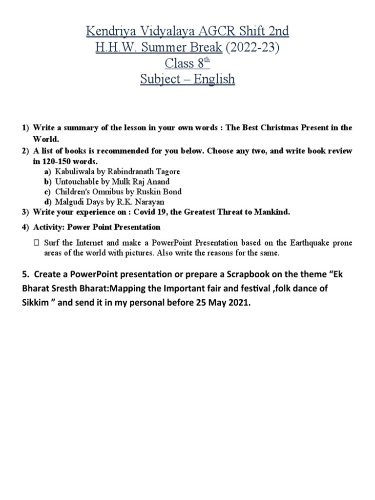 Class 8th H.H.W. (Summer Break) 2021-22 | PDF | Social Science ...