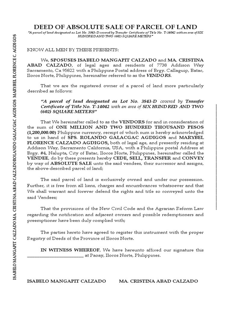 Deed of Absolute Sale - Calzado | PDF | Justice | Crime & Violence