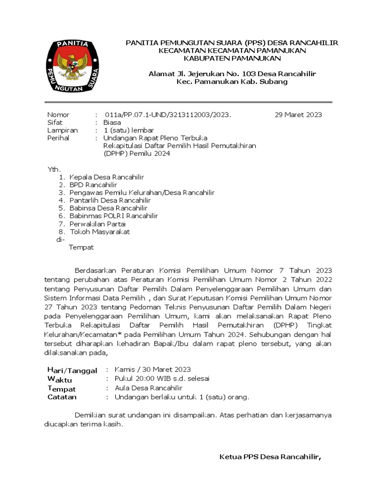 Draft Undangan DPHP PPS - PPK | PDF