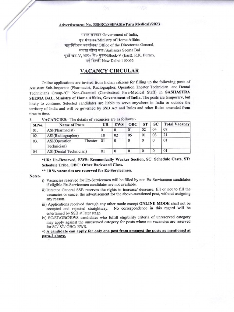 SSB Paramedical Staff Recruitment 2023 Short Notice | PDF