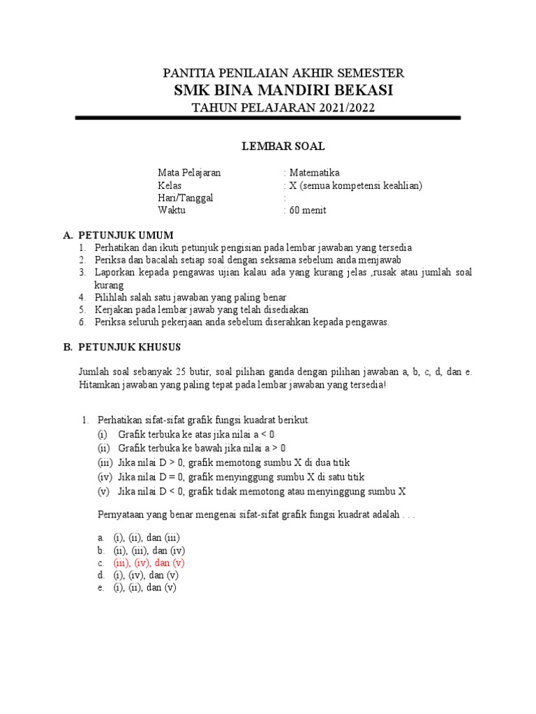 Naskah Soal Pat - MTK - KLS - 10 - 2122 | PDF | Metode & Bahan Ajar