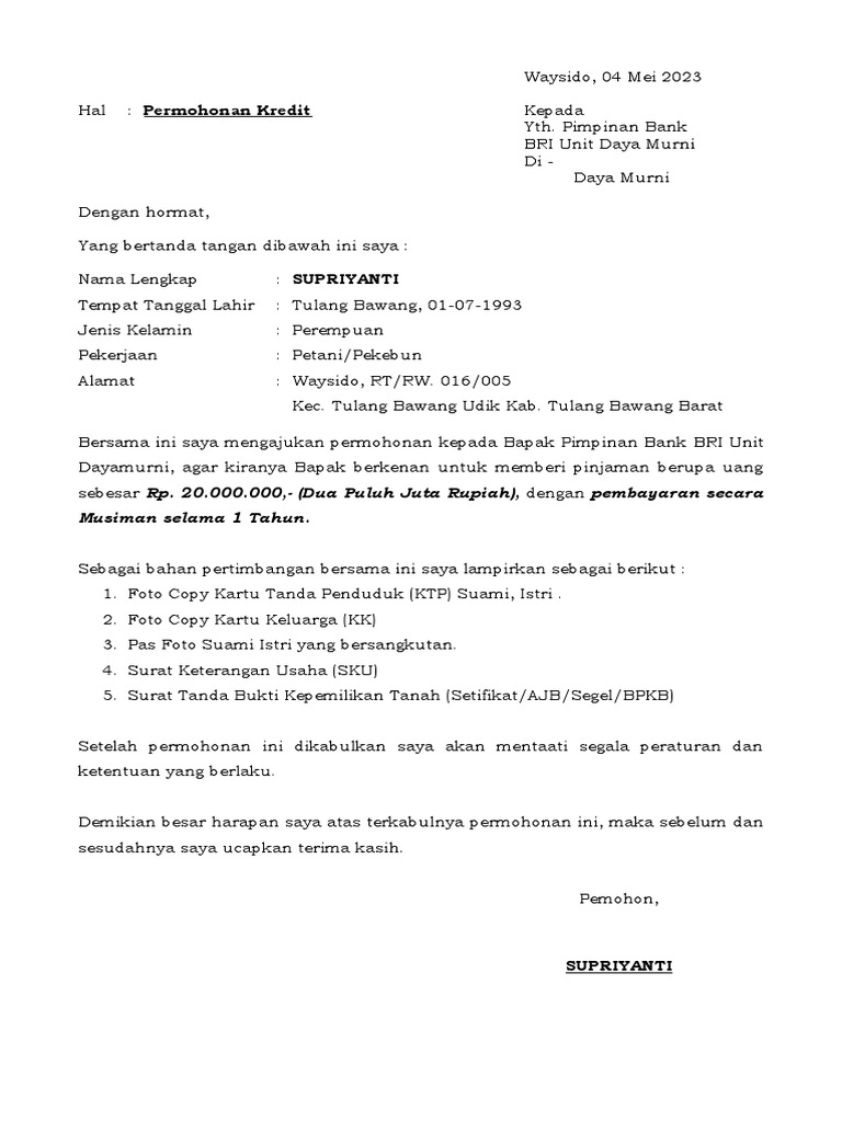 Surat Permohonan Pinjaman BRI | PDF