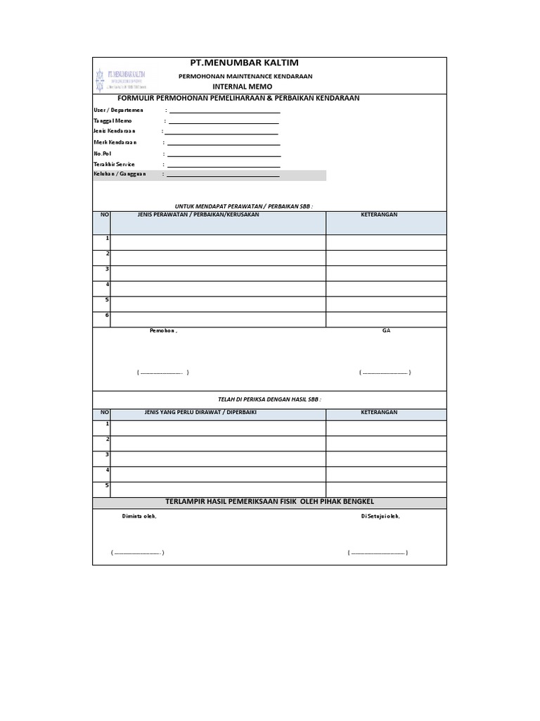 Form Pengajuan Maintenance Kendaraan | PDF