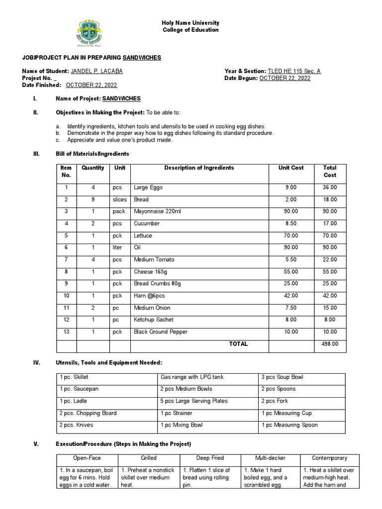 PROJECT PLAN For Sandwiches | PDF | Mayonnaise | Breads