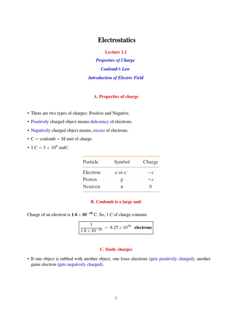 Electrostatics L1 | PDF | Electric Charge | Electric Field