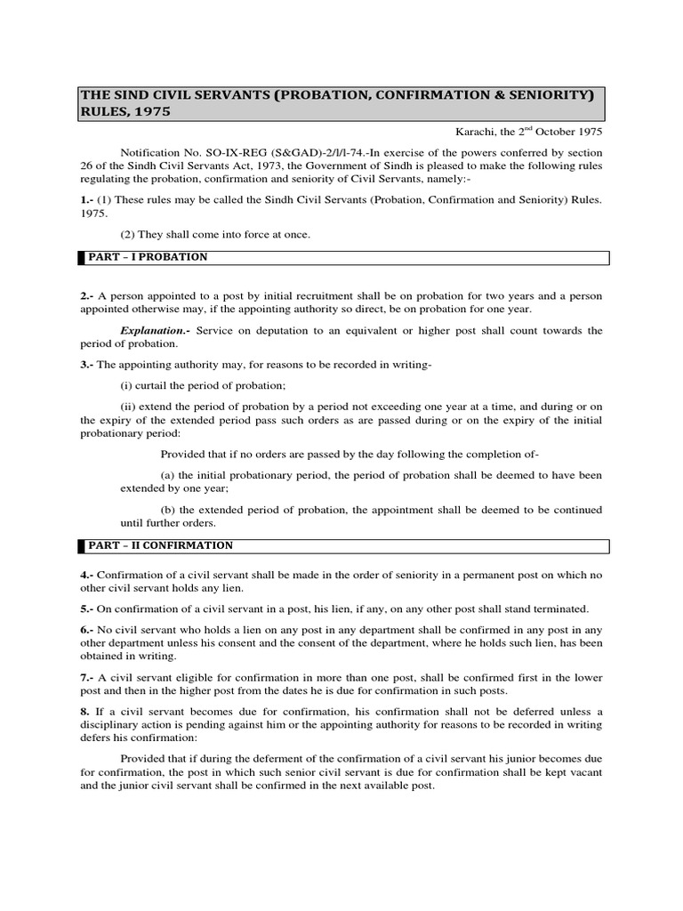 Sindh Civil Servants (Probation, Confirmation & Seniority) Rules, 1975 ...
