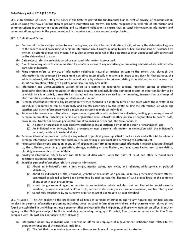 Data Privacy Act of 2012 Summary | PDF | Information Security | Information