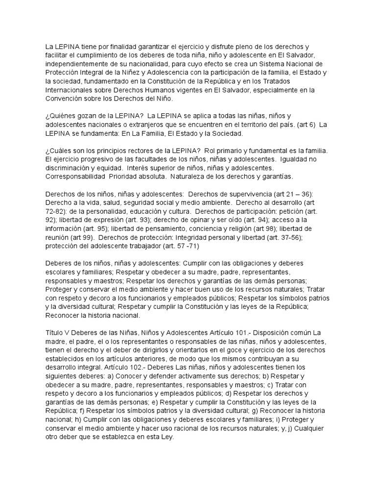 Derechos y Deberes Detro de La Ley Lepina | PDF | Derechos de los niños ...