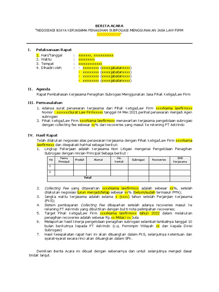 Contoh BA Negosiasi Success Fee Pihak Ketiga | PDF