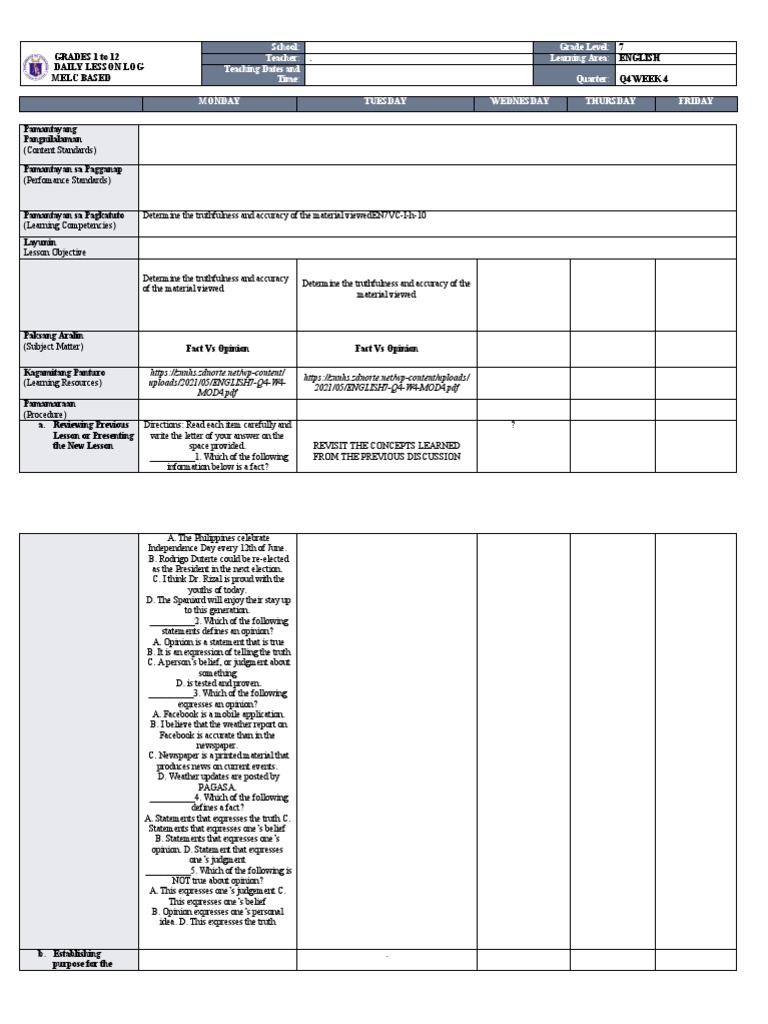 Melc DLL Eng 7 Week 4 Q4 Done | PDF | Truth | Cognition