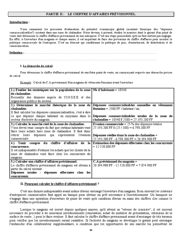Calcul du Chiffre d'Affaires Prévisionnel | PDF | Commerce de détail ...