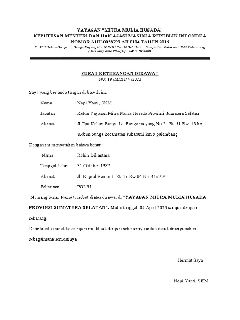 Surat Keterangan Pasien Dirawat Yayasan Mitra Mulia Husada Pdf