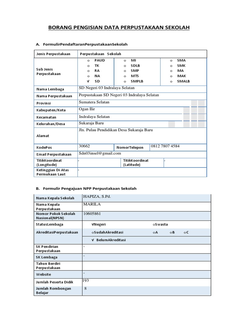 Borang Pengisian Data Perpustakaan Sekolah SDN 03 Insel Mei 2023 | PDF