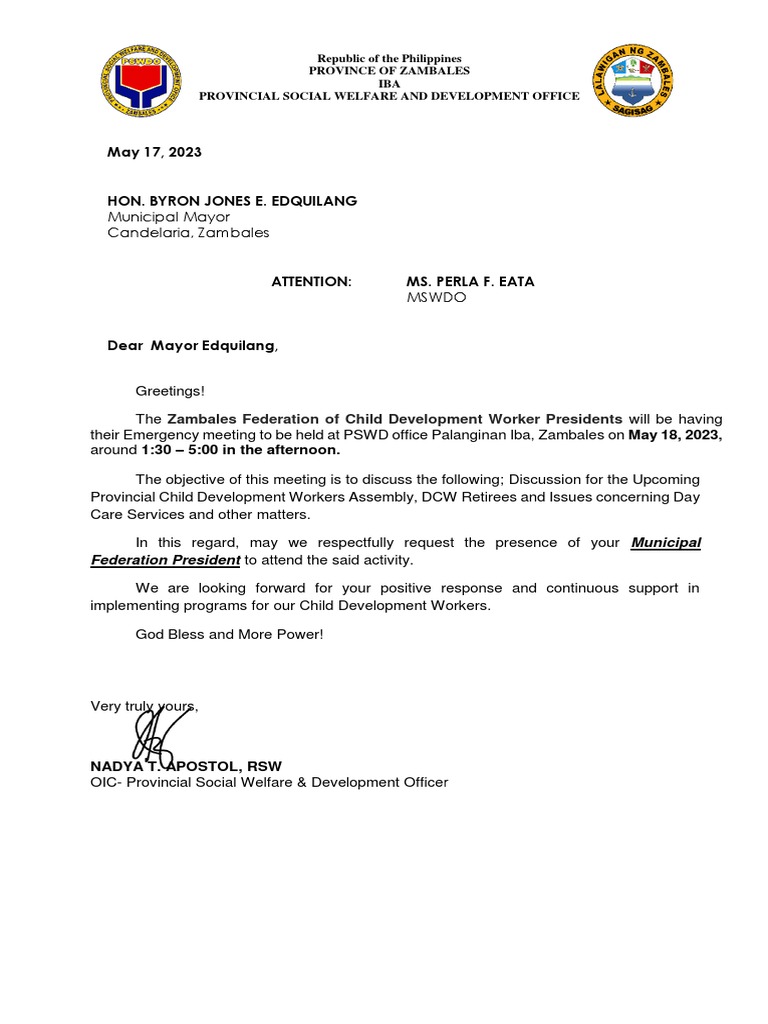 Candelaria Mayor Invited to Child Meeting | PDF | Social Science