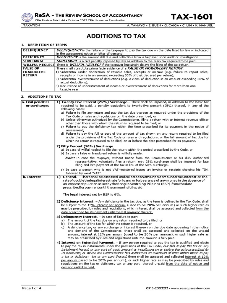 TAX-1601 (Additions To Tax) | PDF | Taxes | Taxpayer
