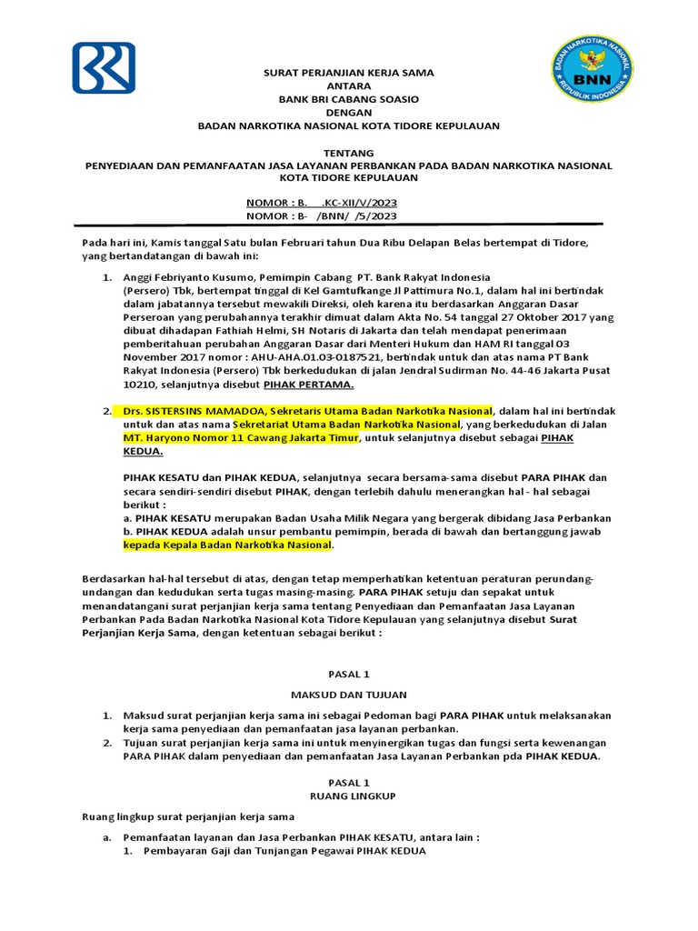 Surat Perjanjian Kerja Sama BNN | PDF | Hukum