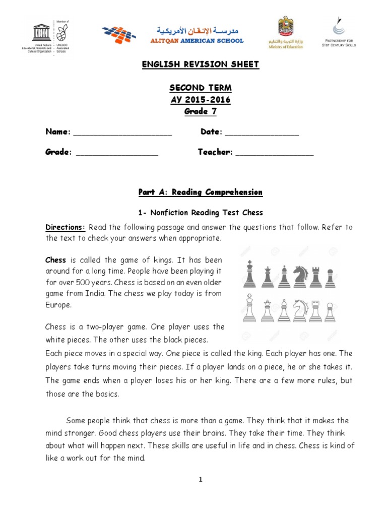 Grade-7-English-Revision-Sheet | PDF | Chess | The Prince And The Pauper