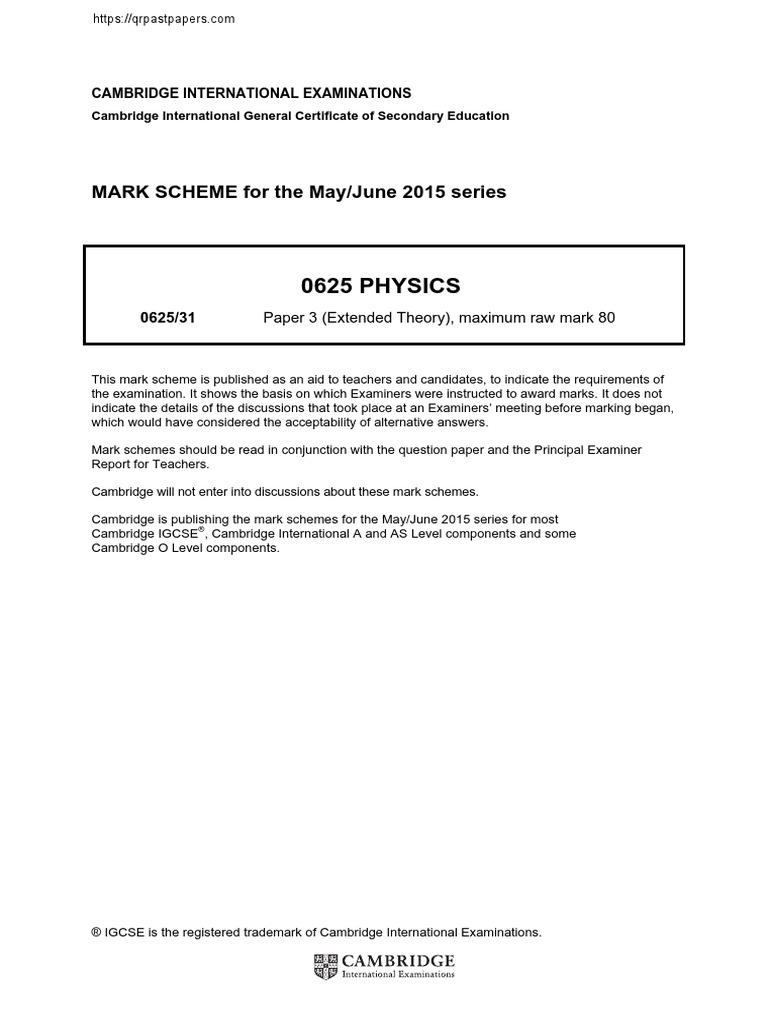 0625 PHYSICS: MARK SCHEME For The May/June 2015 Series | PDF | Acceleration | Materials Science