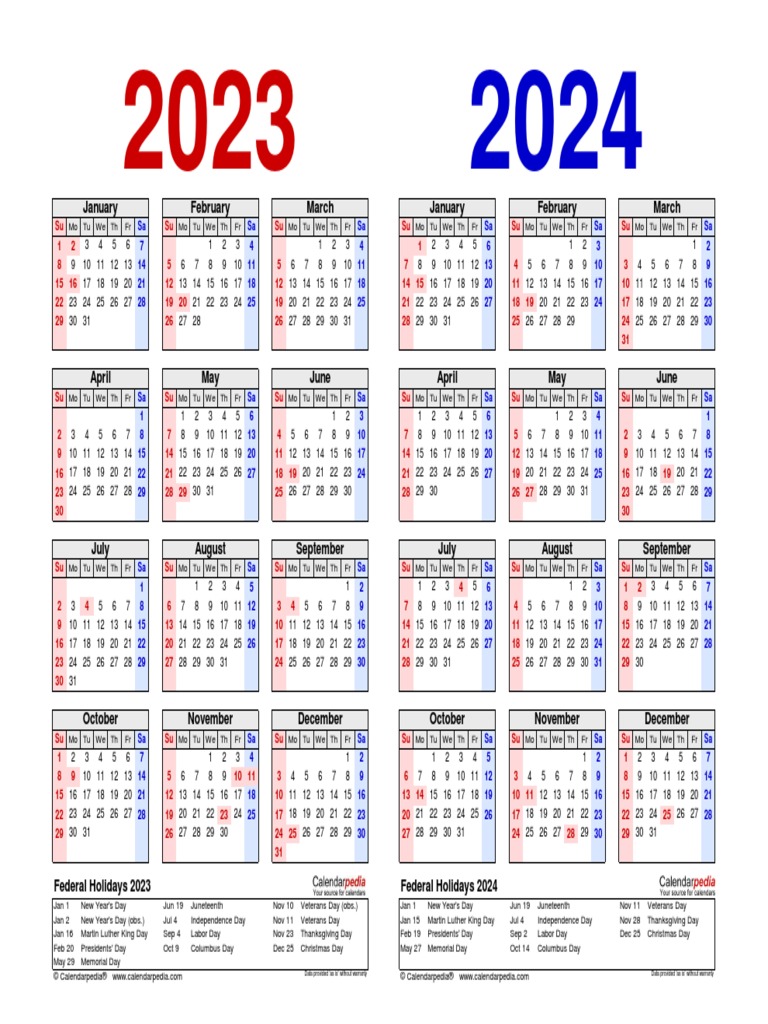 Two Year Calendar 2023 2024 Landscape Side by Side Red Blue | PDF