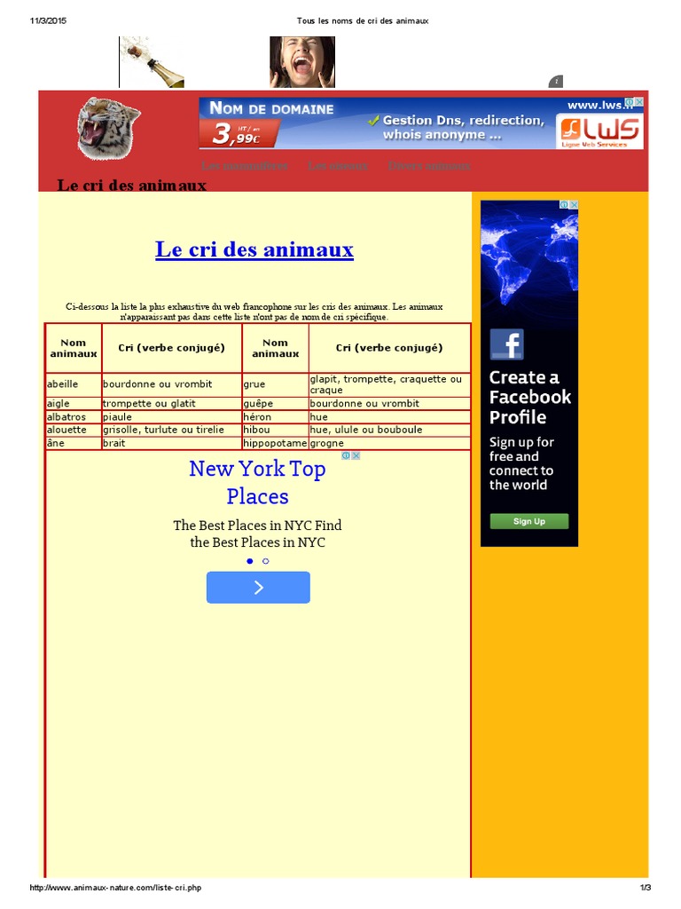 Cris des animaux : liste complète | PDF | Mammifères | Oiseaux