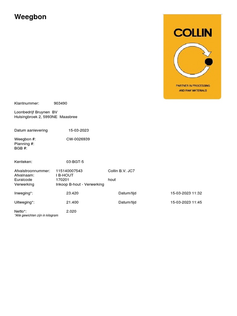 Weegbon: Alle Gewichten Zijn in Kilogram | PDF