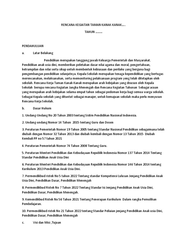 Rencana Kerja TK Tahun 2023 | PDF