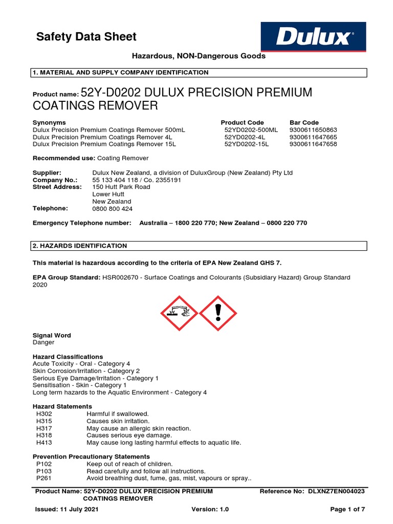 Dulux Precision Premium Coatings Remover-Nz SDS | PDF | Dangerous Goods ...