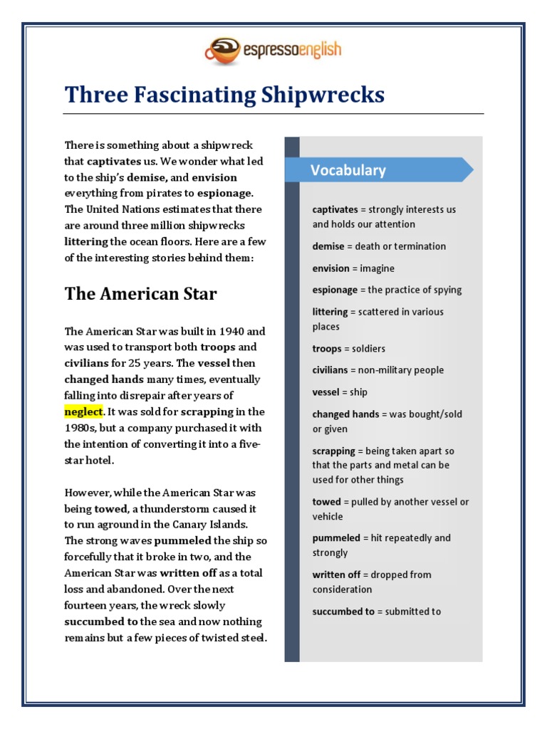 Lesson 27 - Shipwrecks | PDF | Ships | Water Transport