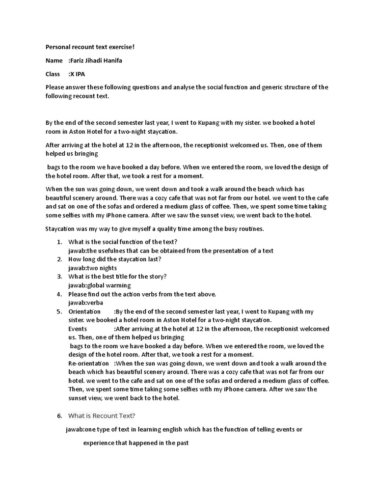 Personal Recount Text Exercise | PDF